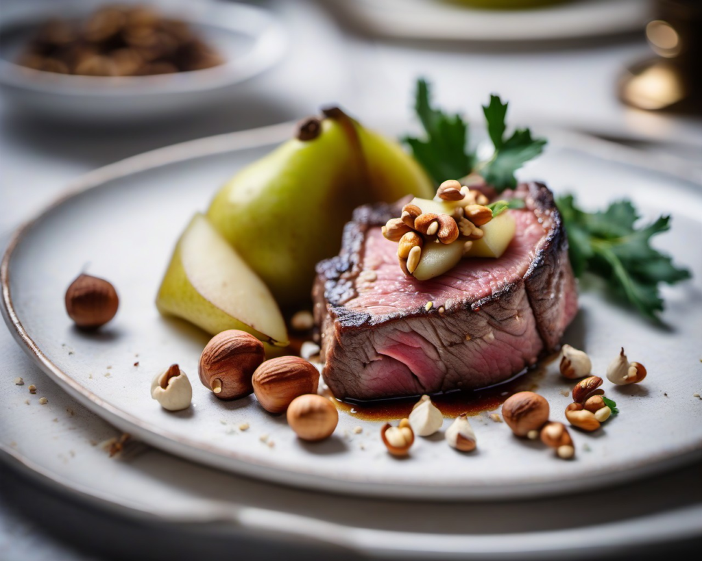 Spiced Beef Steak with Pear Compote, Sprinkled with Roasted Hazelnuts ...