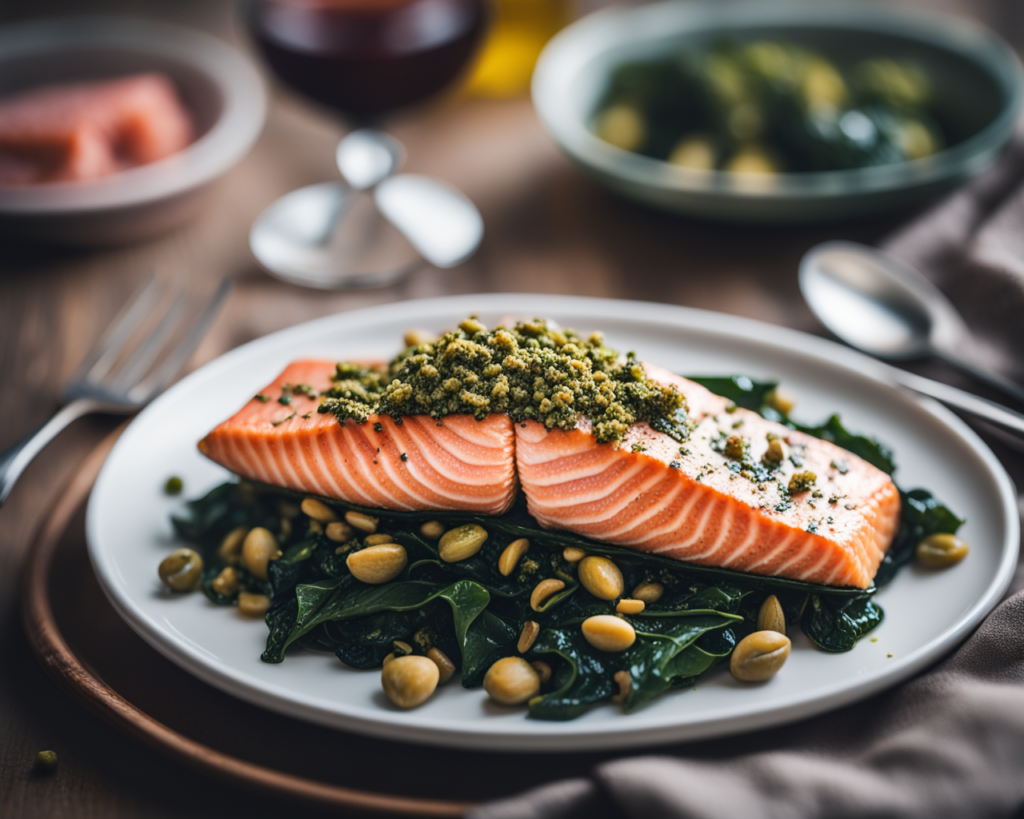 Salmon in Pistachio Crust and Sautéed Swiss Chard - Cuisine Generation