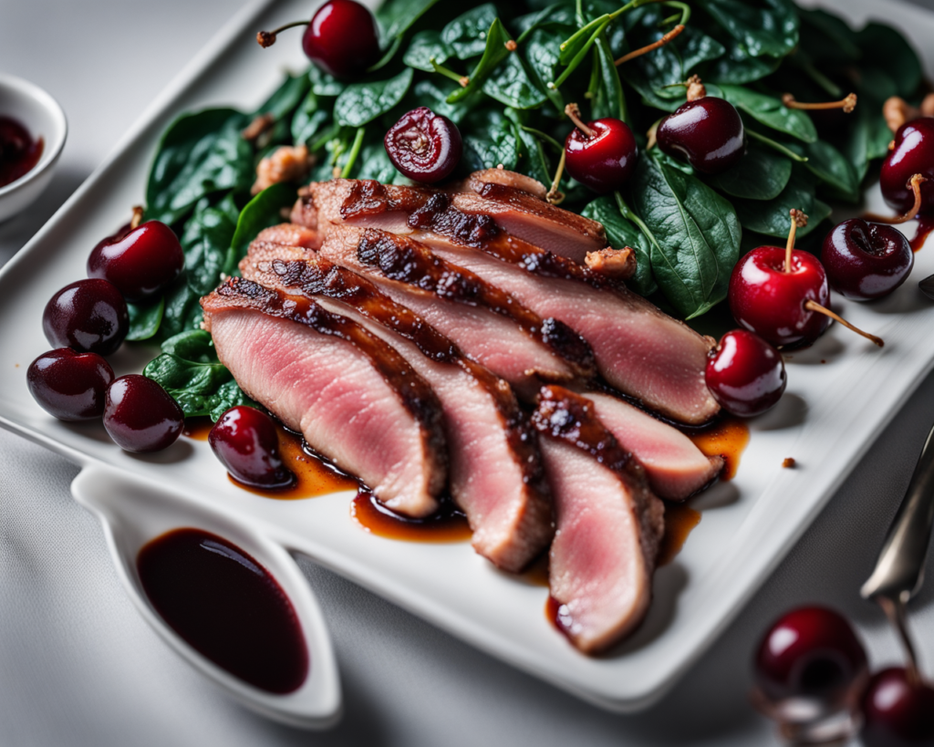 Duck Breast with Cherries and Sautéed Spinach - Cuisine Generation