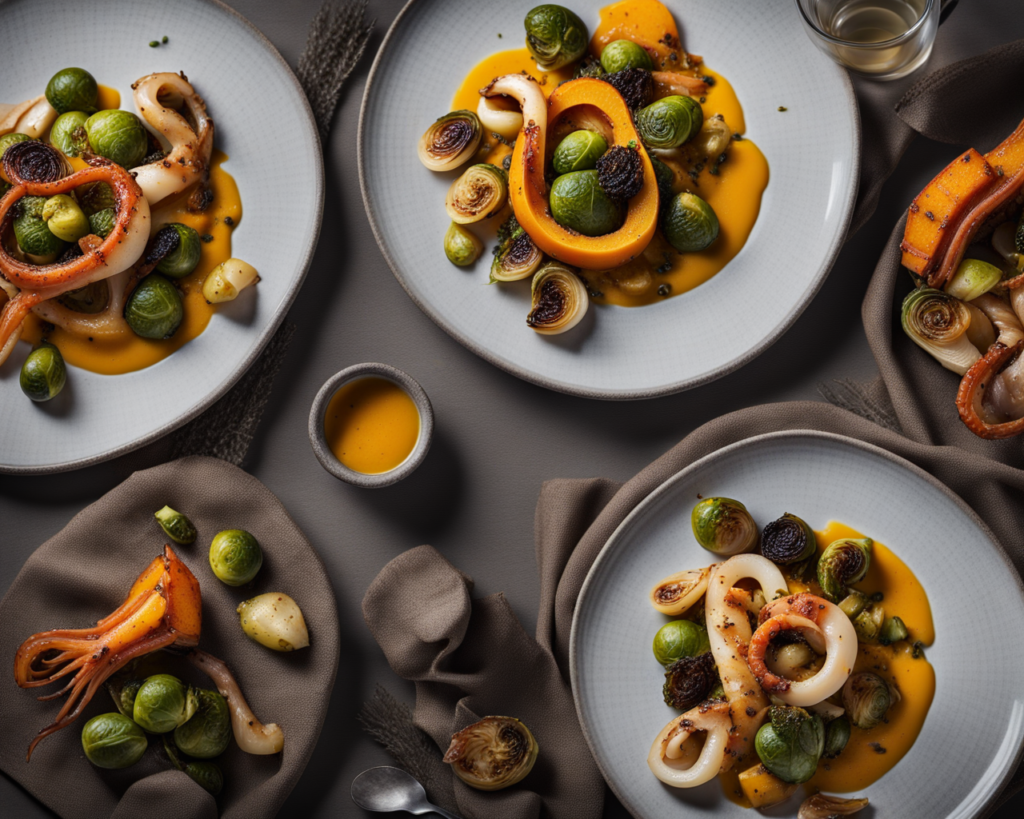 Roasted Squid with Grilled Squash, Brussels Sprouts, and Turmeric Sauce ...