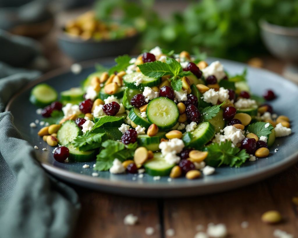 Crunchy Cucumber, Currant, Feta & Pistachio Salad - Cuisine Generation