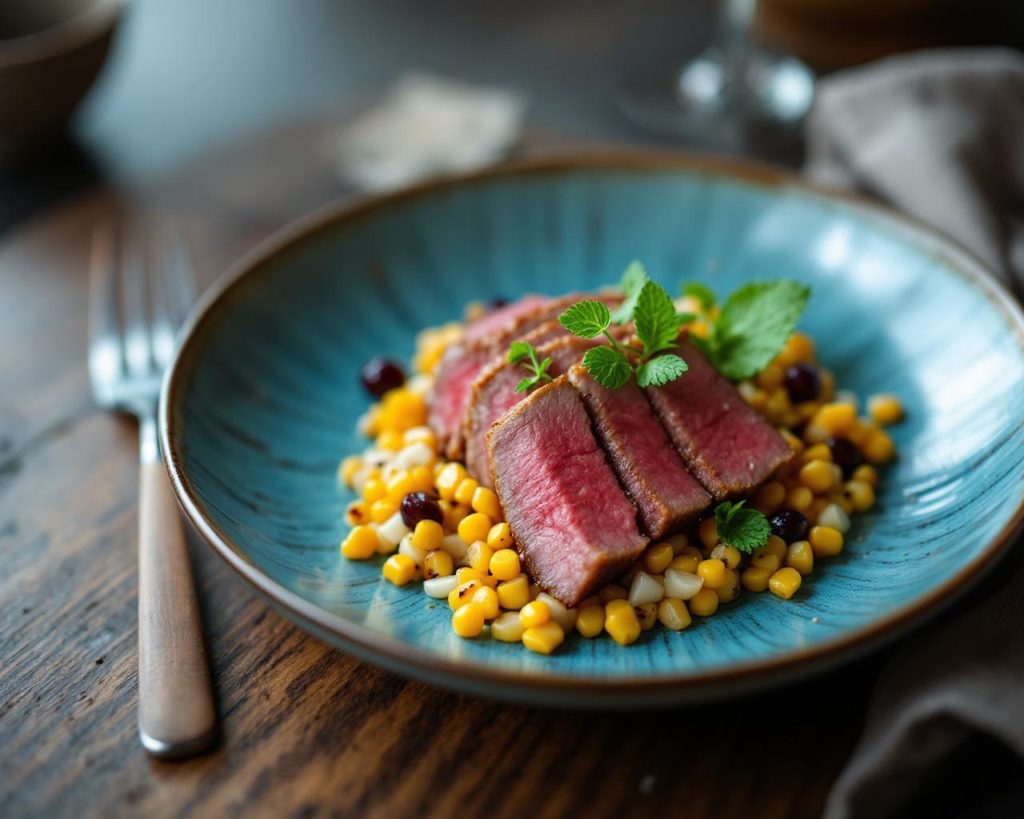 Marinated Duck Tataki, Crunchy Corn, Plum and Mint Salad - Cuisine ...