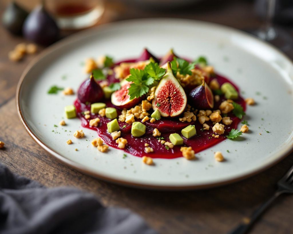 Beetroot and Fig Carpaccio, Walnut Crunch & Avocado Coriander Cream ...