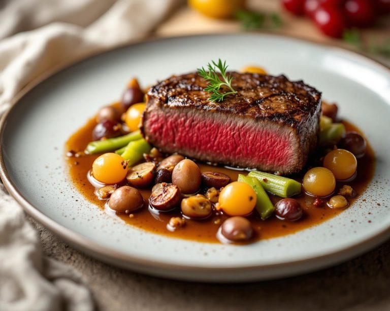 Sautéed Beef Fillet with Chestnuts, Grapes and Celery, Peppery Hibiscus ...