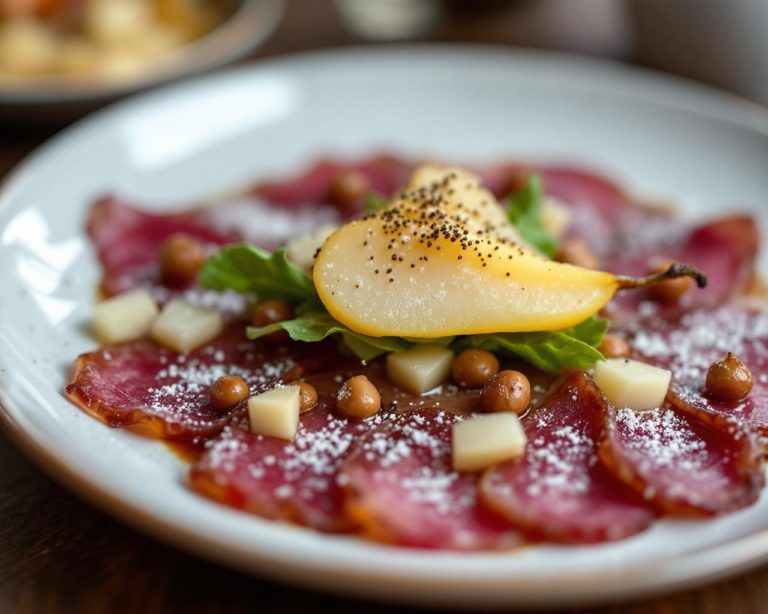 Veal Carpaccio, Crunchy Chestnuts, Lamb’s Lettuce & Poached Pear with ...