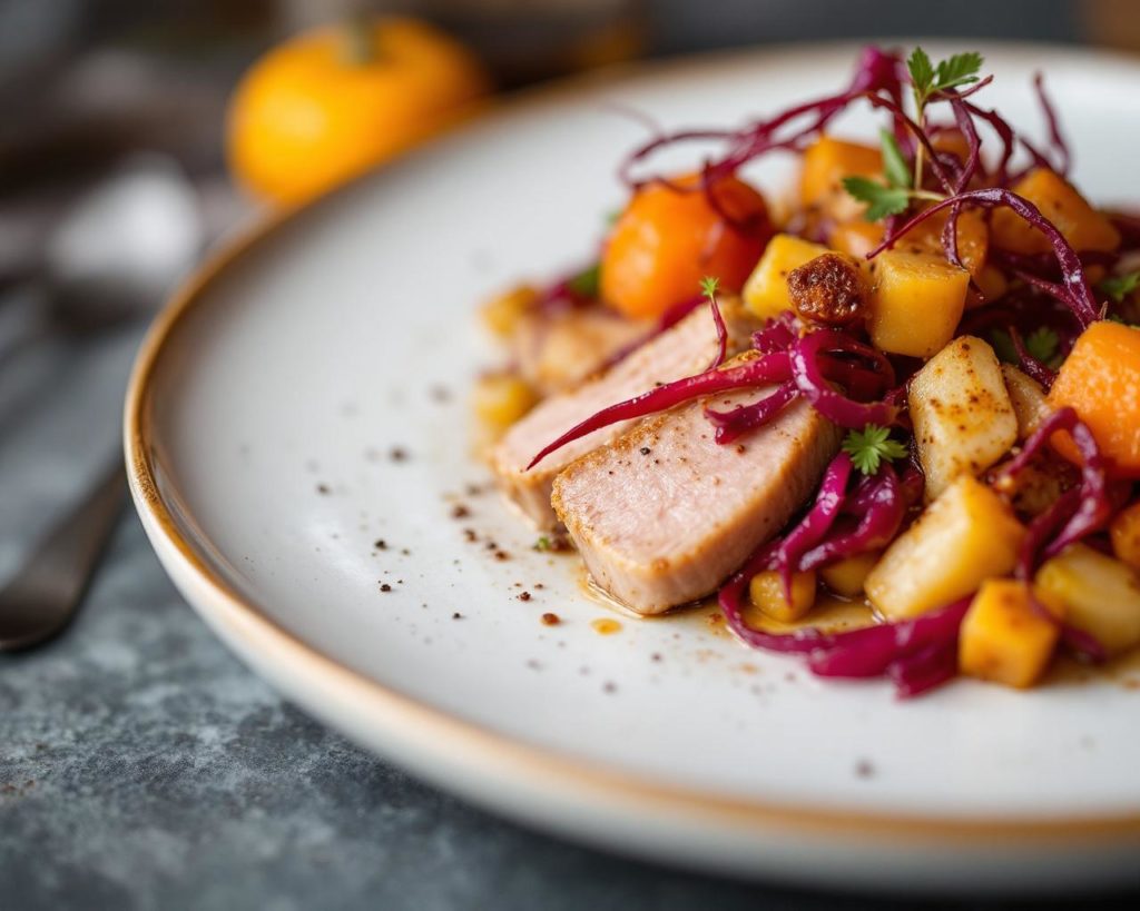 Lacquered Shredded Pork Cheek, Roasted Parsnips, Pickled Red Cabbage ...