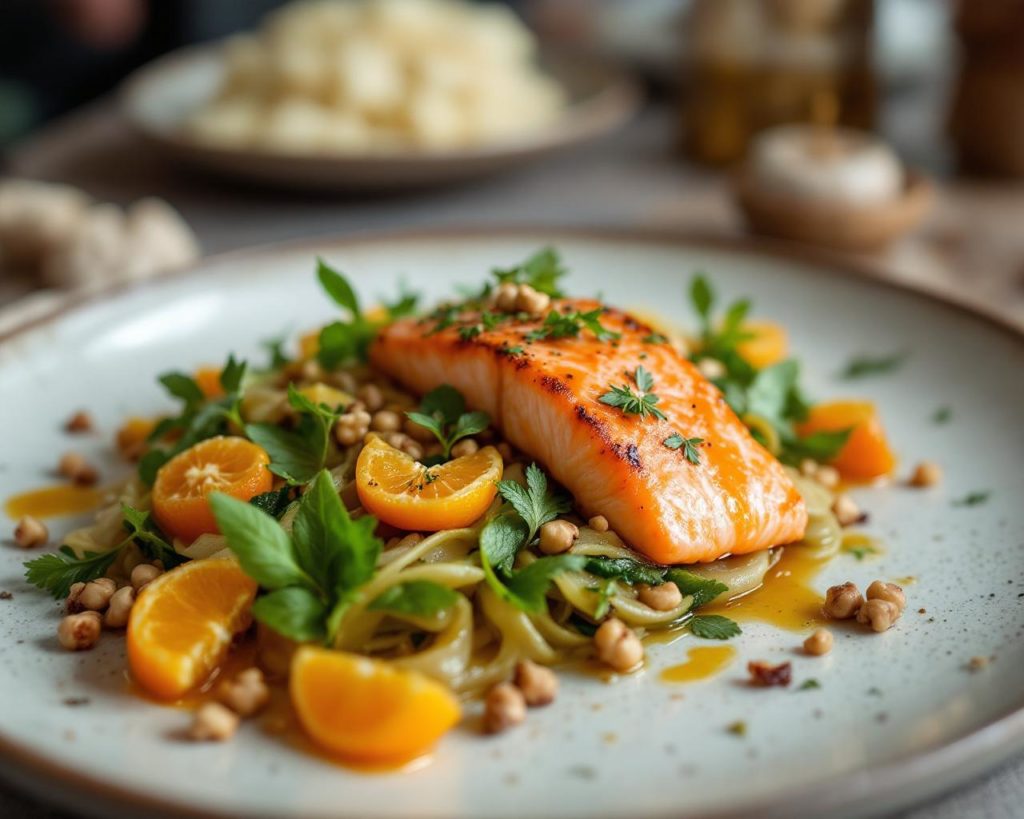 Roasted Salmon Fillet, Warm Jerusalem Artichoke, Clementine & Hazelnut ...