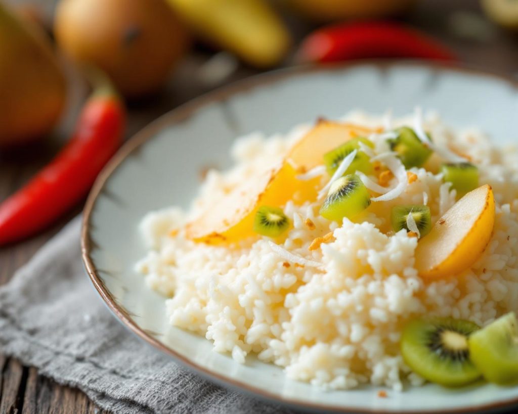Coconut-Sweet Chili Rice Pudding, Candied Pears & Frosted Kiwis ...