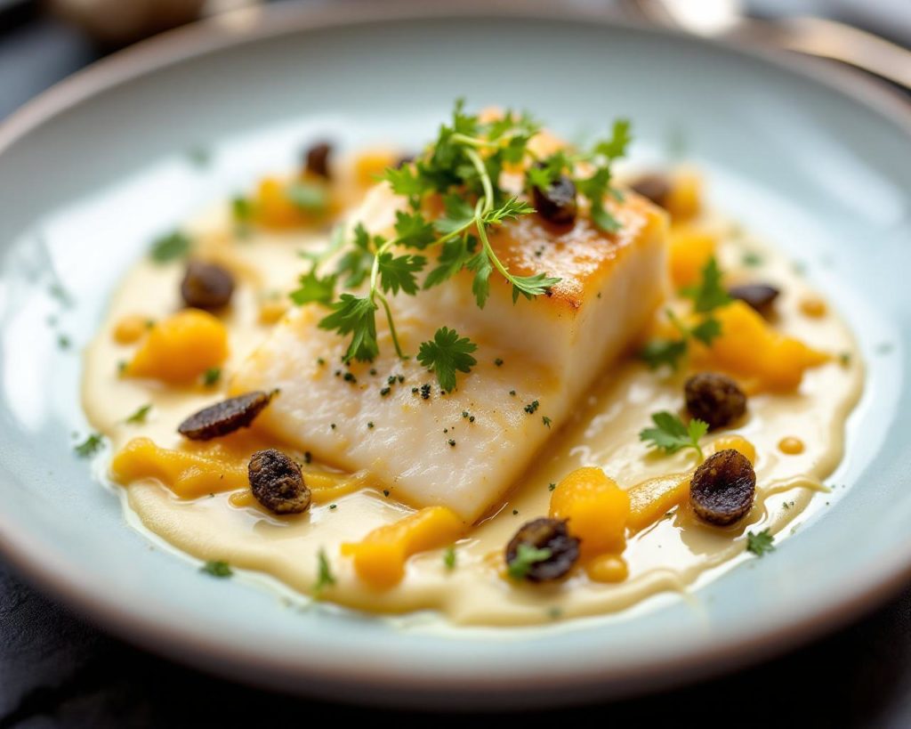 Lightly-Cooked Sea Bass Fillets on Cauliflower Cream, Black Radish ...
