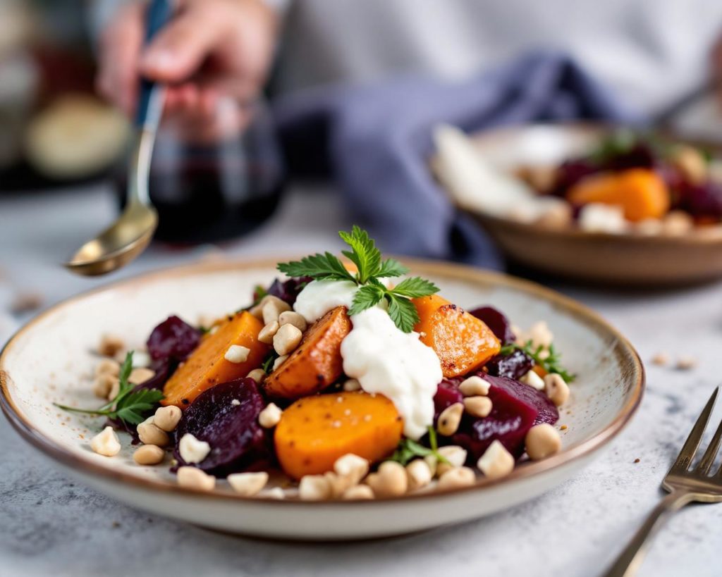 Warm Sweet Potato, Beetroot and Roasted Hazelnut Salad, Fresh Goat ...