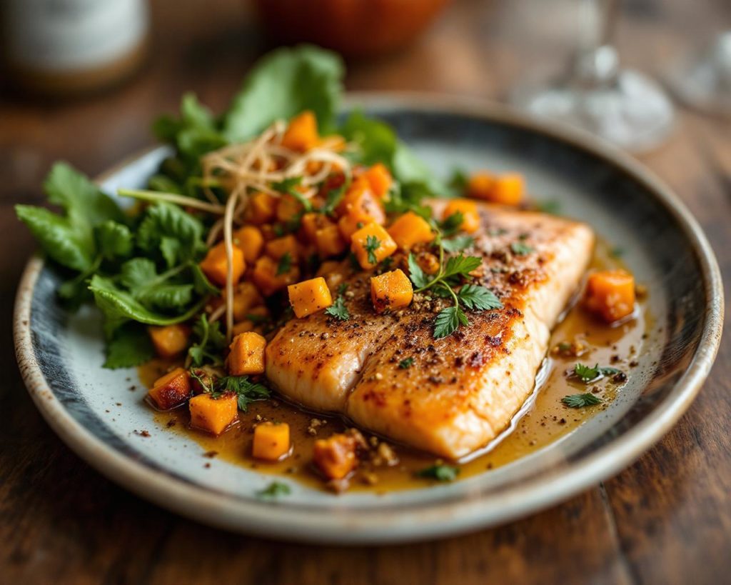 Truite de Fin d’Hiver, Persimon rôti et Piment Anardana - Cuisine ...