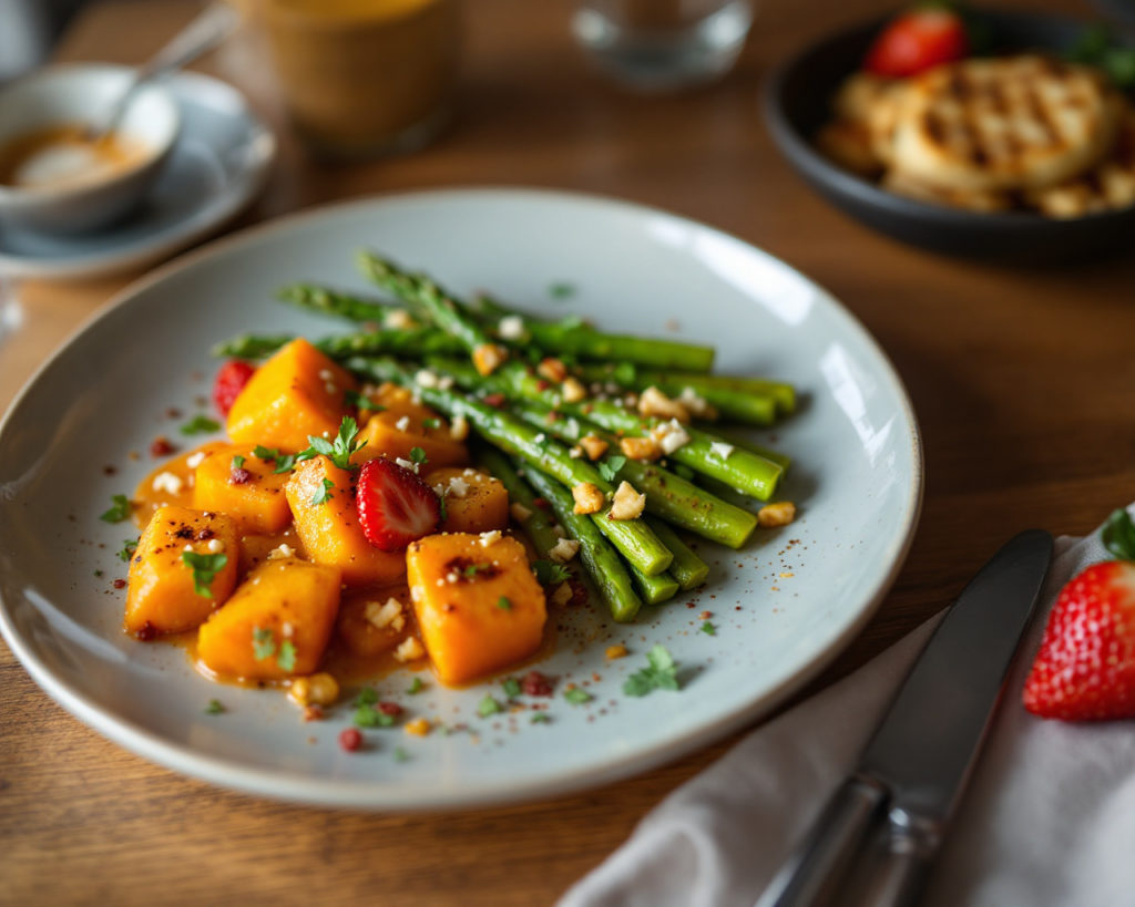Curry di Patata Dolce Arrosto, Asparagi Verdi, Fragole e Halloumi ...