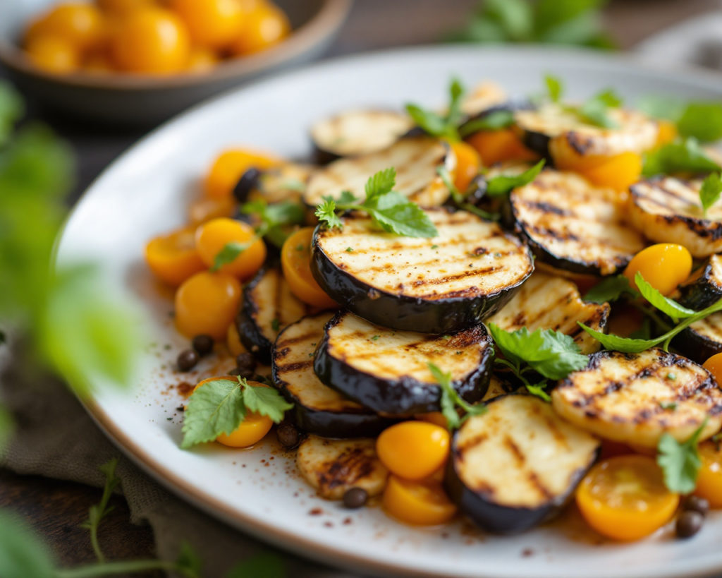 Tian di Melanzane, Fave Fresche, Pomodori Gialli e Halloumi Grigliato ...