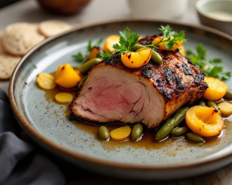 Roasted Pork Shoulder, Yellow Peaches, and Wax Beans - Cuisine Generation